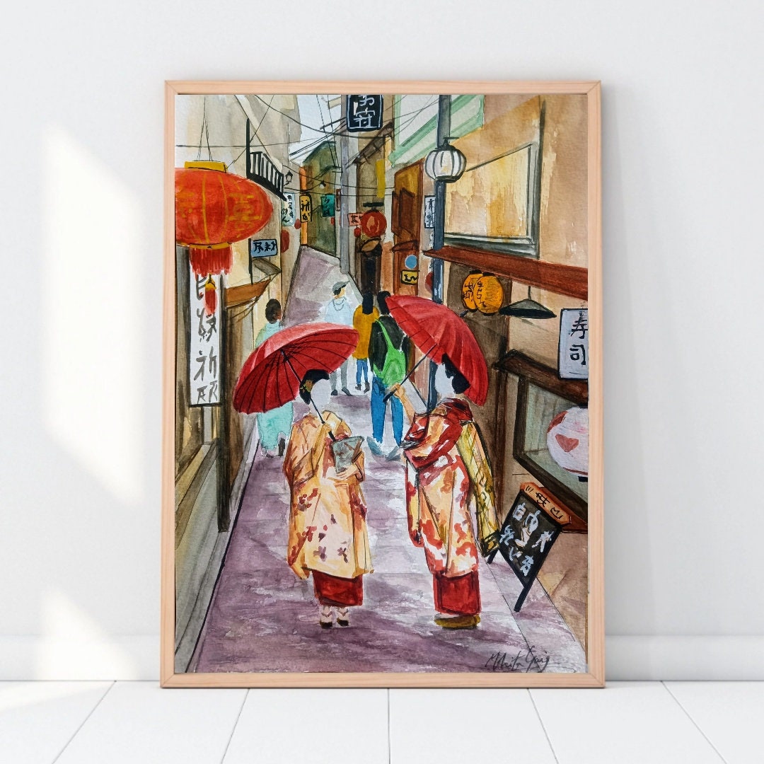 Japan City/street Painting, Original Watercolor Kyoto/tokyo/geisha ...
