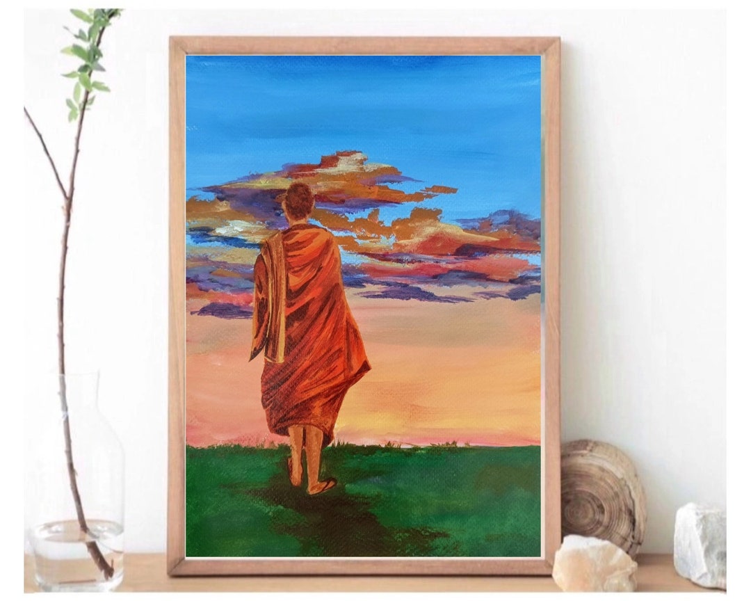 Buddhist Monk Sunset Painting: Spiritual Acrylic Art, Meditation Decor ...