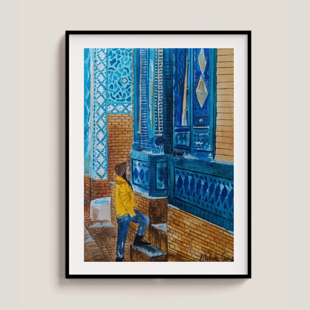 Uzbekistan Watercolor Original Painting, Blue Mosque Wall Art ...