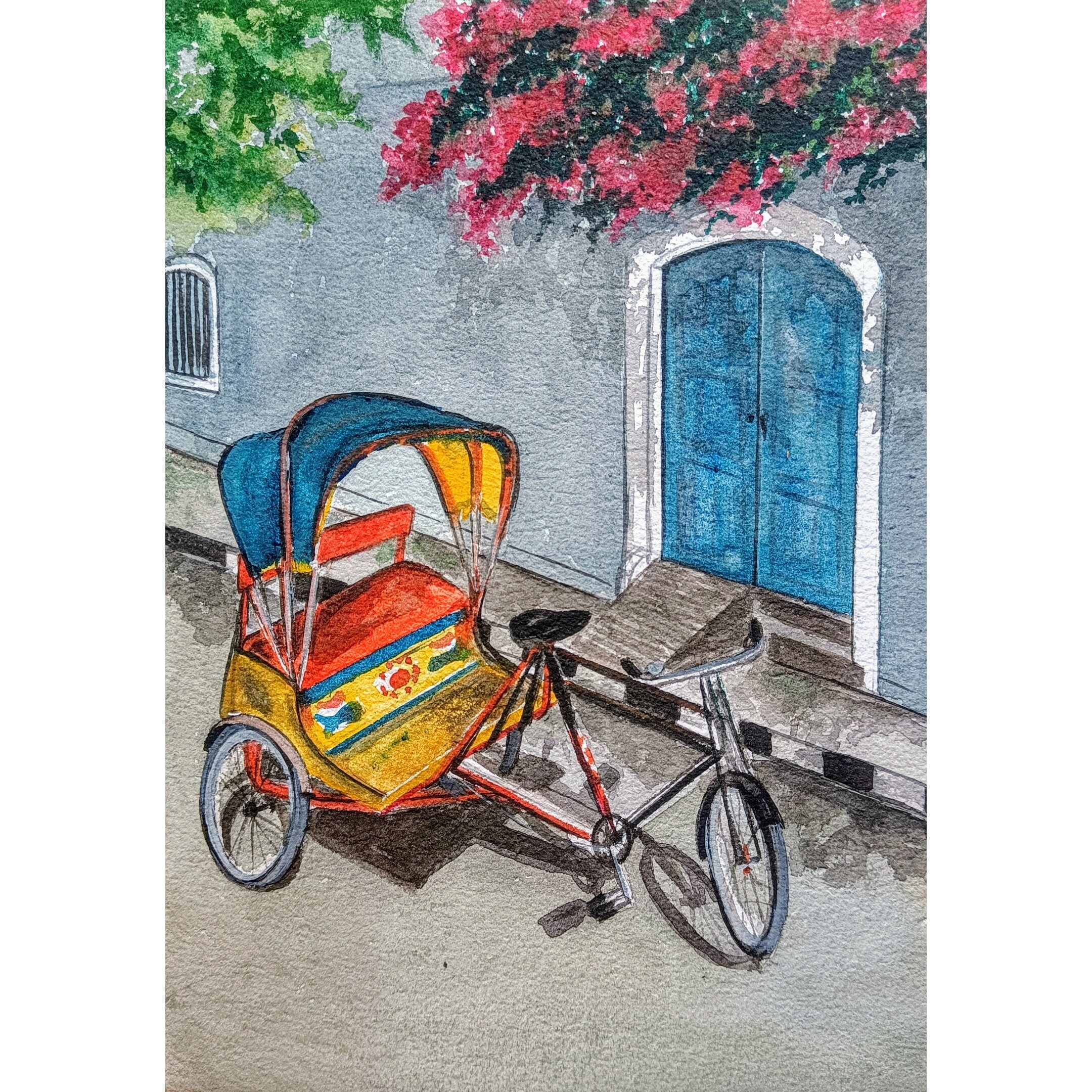 Indian Rickshaw Watercolor Painting: Pondicherry Street Scene Art - Etsy