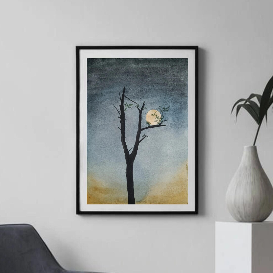 Watercolor Moon & Tree Painting, Original Full Moon Wall Art ...