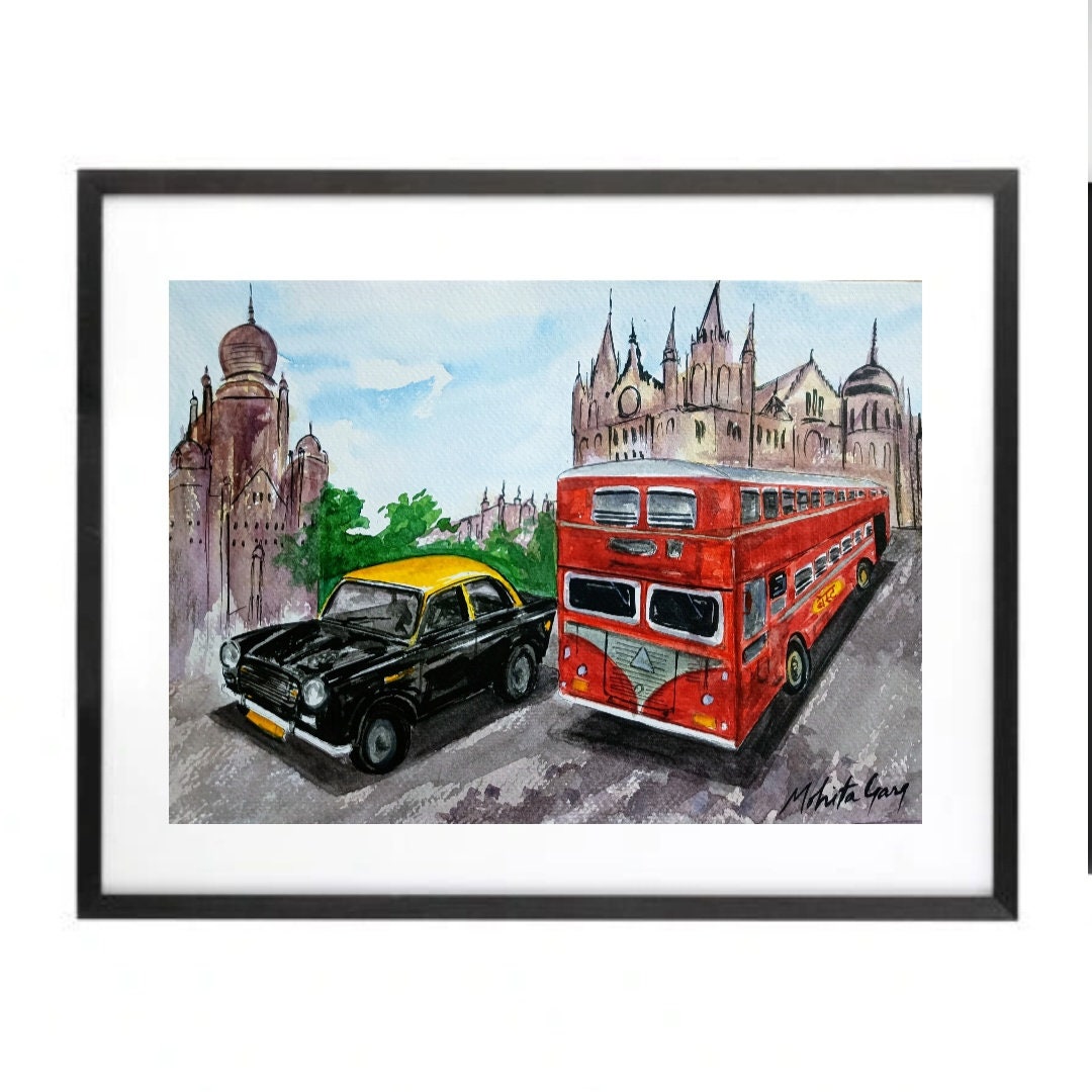 Mumbai Taxi & Bus Original Artindia Wall Art, Bombay Vintage, Mumbai ...