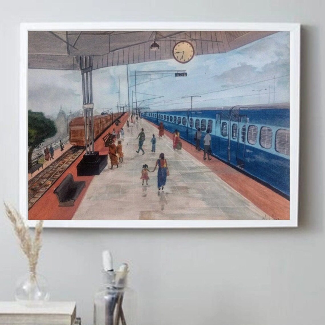 Vintage Railway Platform Original Painting Nostalgic Train Station ...