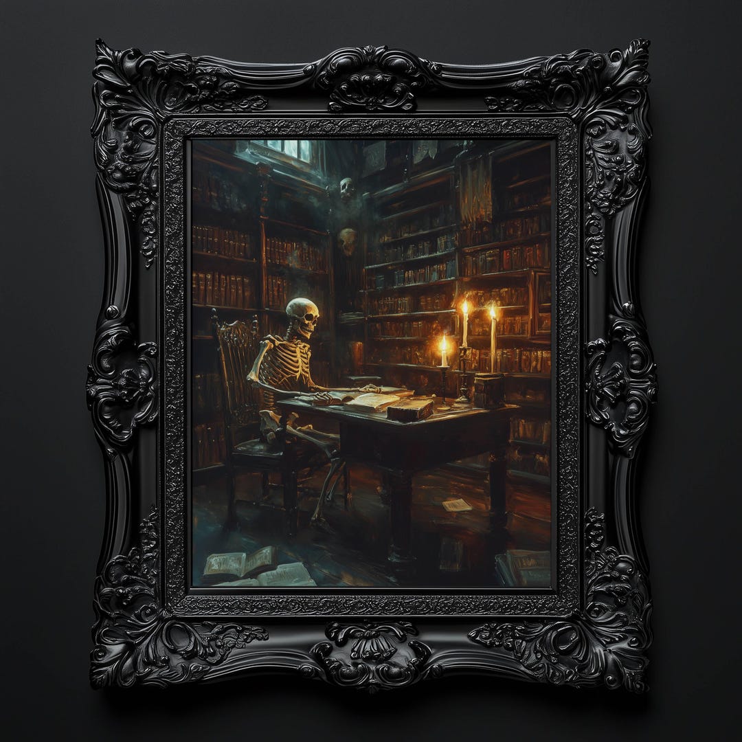 Gothic Skeleton Library Wall Art, Dark Academia Study Print, Haunted ...