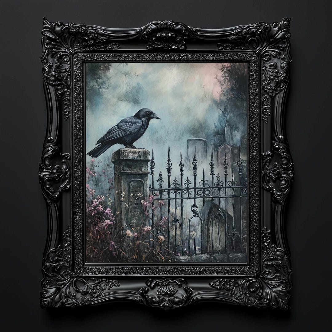 Raven Overlooking a Graveyard Poster, Gothic Wall Art, Raven Wall Art ...
