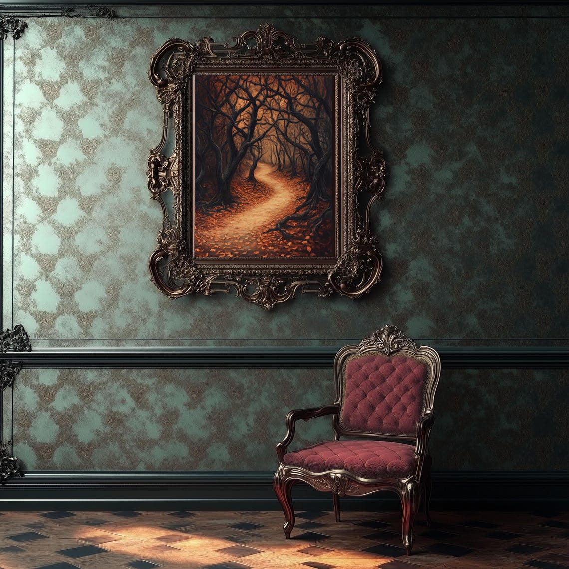 Eerie Autumn Forest Path Wall Art, Dark Woods Digital Print, Gothic ...