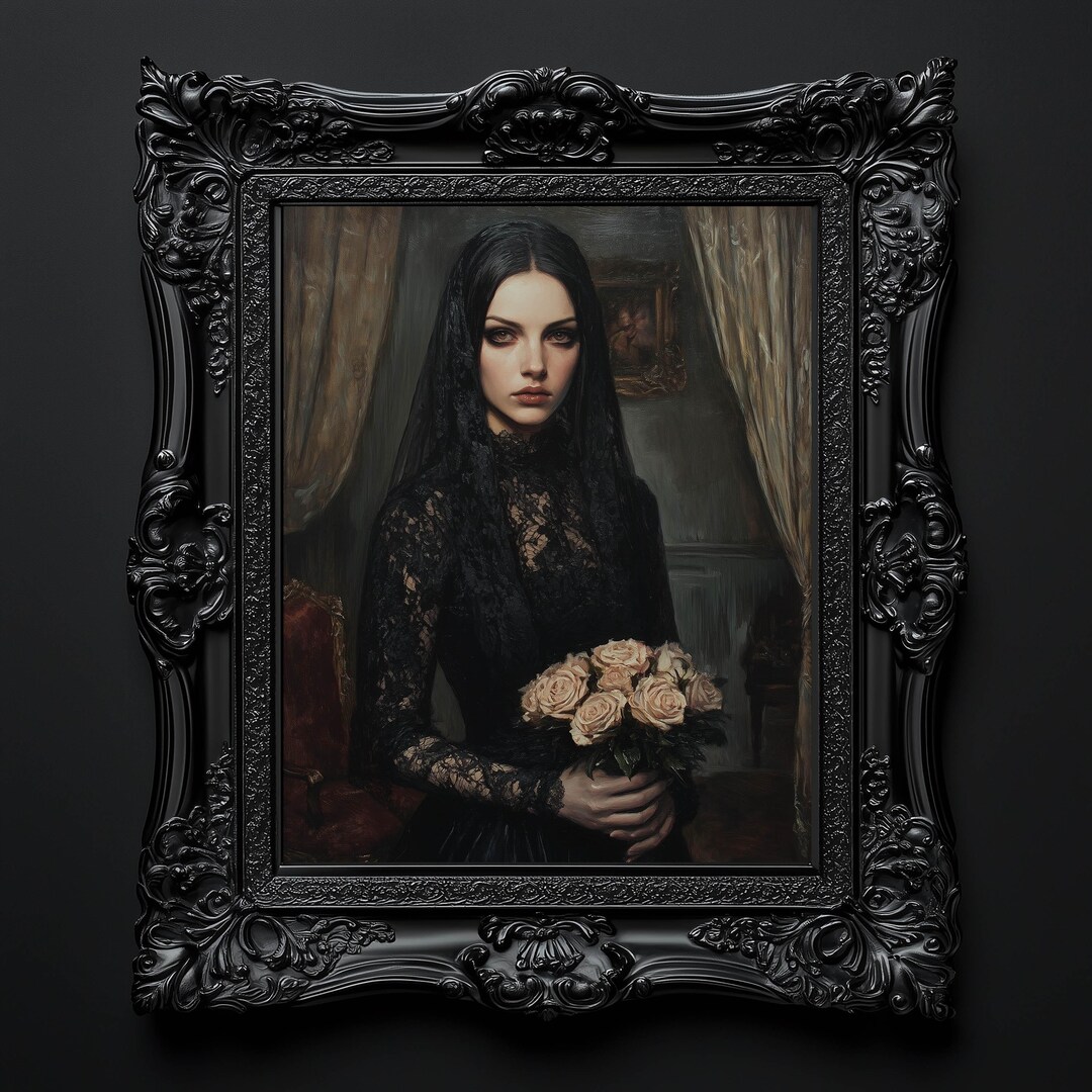 Gothic Bride Portrait Digital Wall Art, Dark Romantic Woman Holding ...