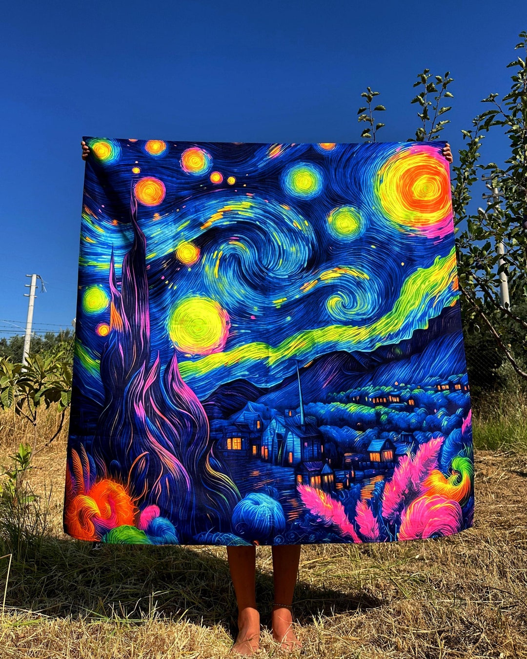 UV GLOW Tapestry / Neon Starry Night - Van Gogh / UV Reactive Wall ...