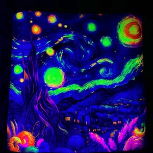UV GLOW Tapestry / Neon Starry Night - Van Gogh / UV Reactive Wall ...