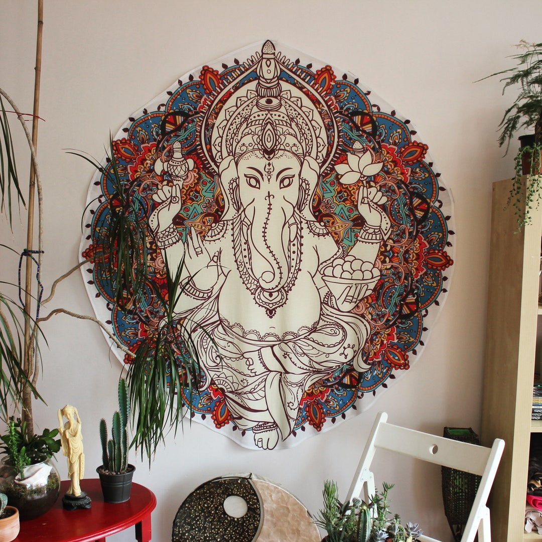 Beige Ganesha Circle Bohemian Psychedelic Ethnic Tapestry, Backdrop ...