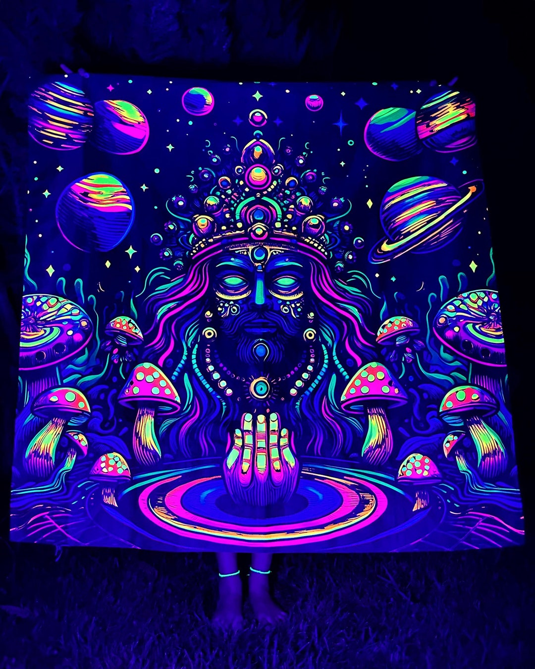 Neon Backdrop / Hindu Guru Show Me the Way / UV Reactive Wall Tapestry ...