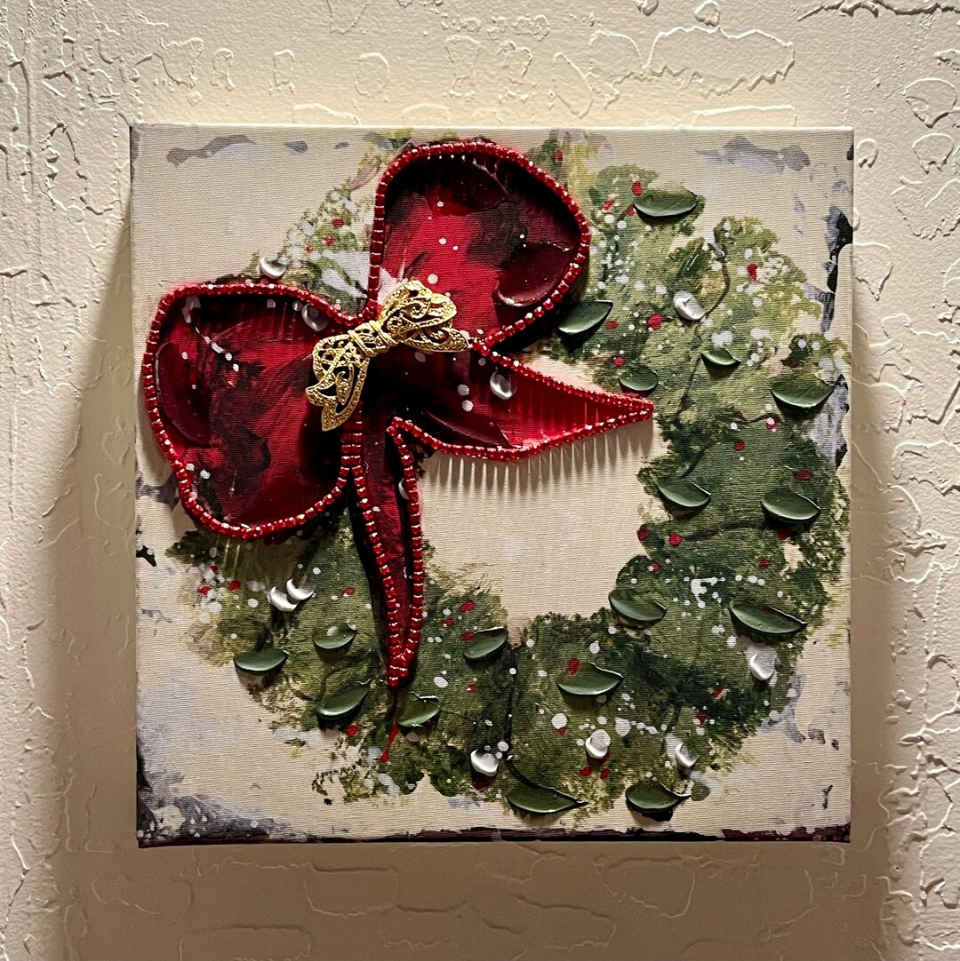 Upcycled Christmas Wreath Canvas Wall Decor 9”x9”x1.25” - Etsy