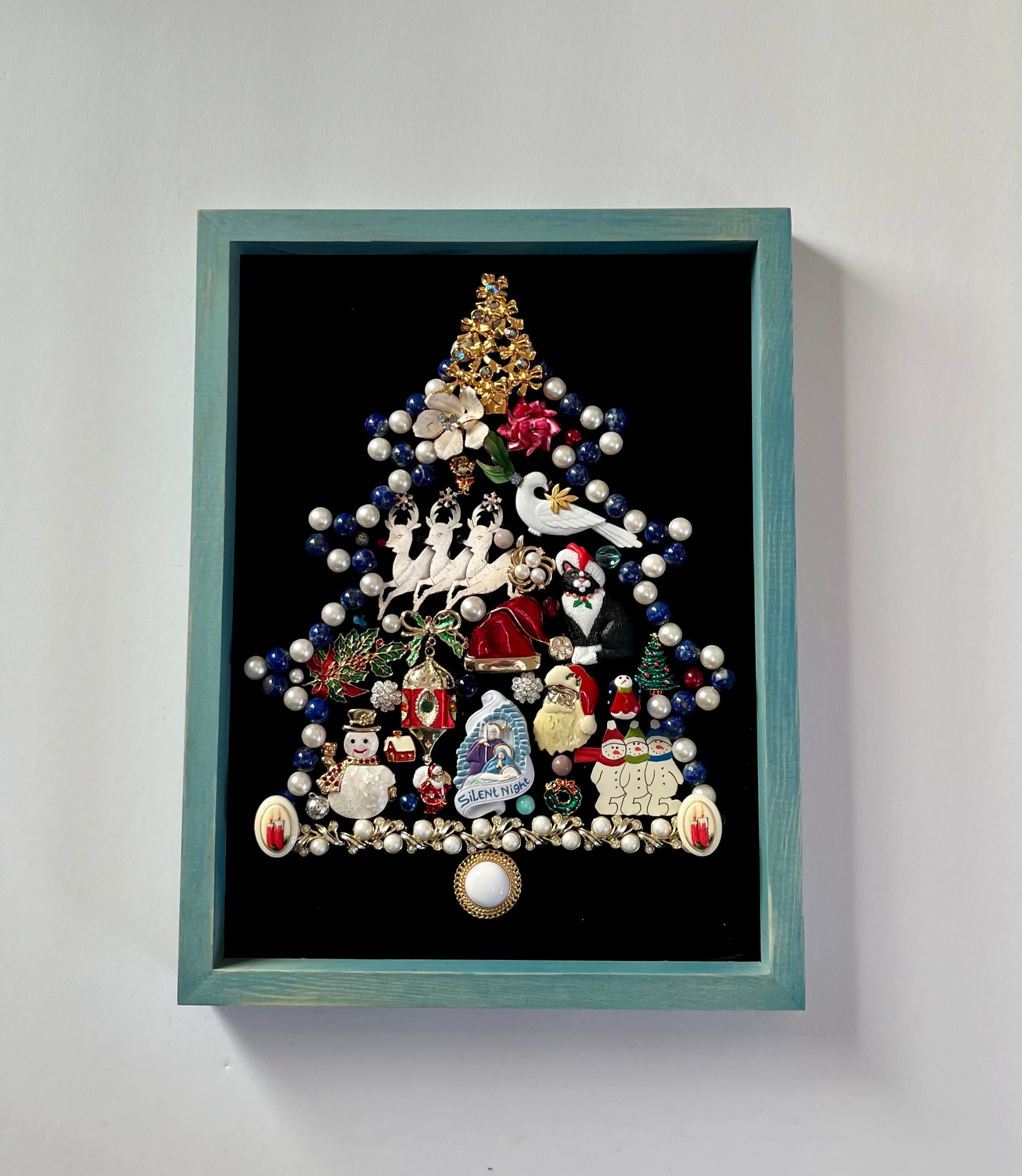 Happy Holidays With a Vintage Jewelry Christmas Tree Collage Blue Wood ...