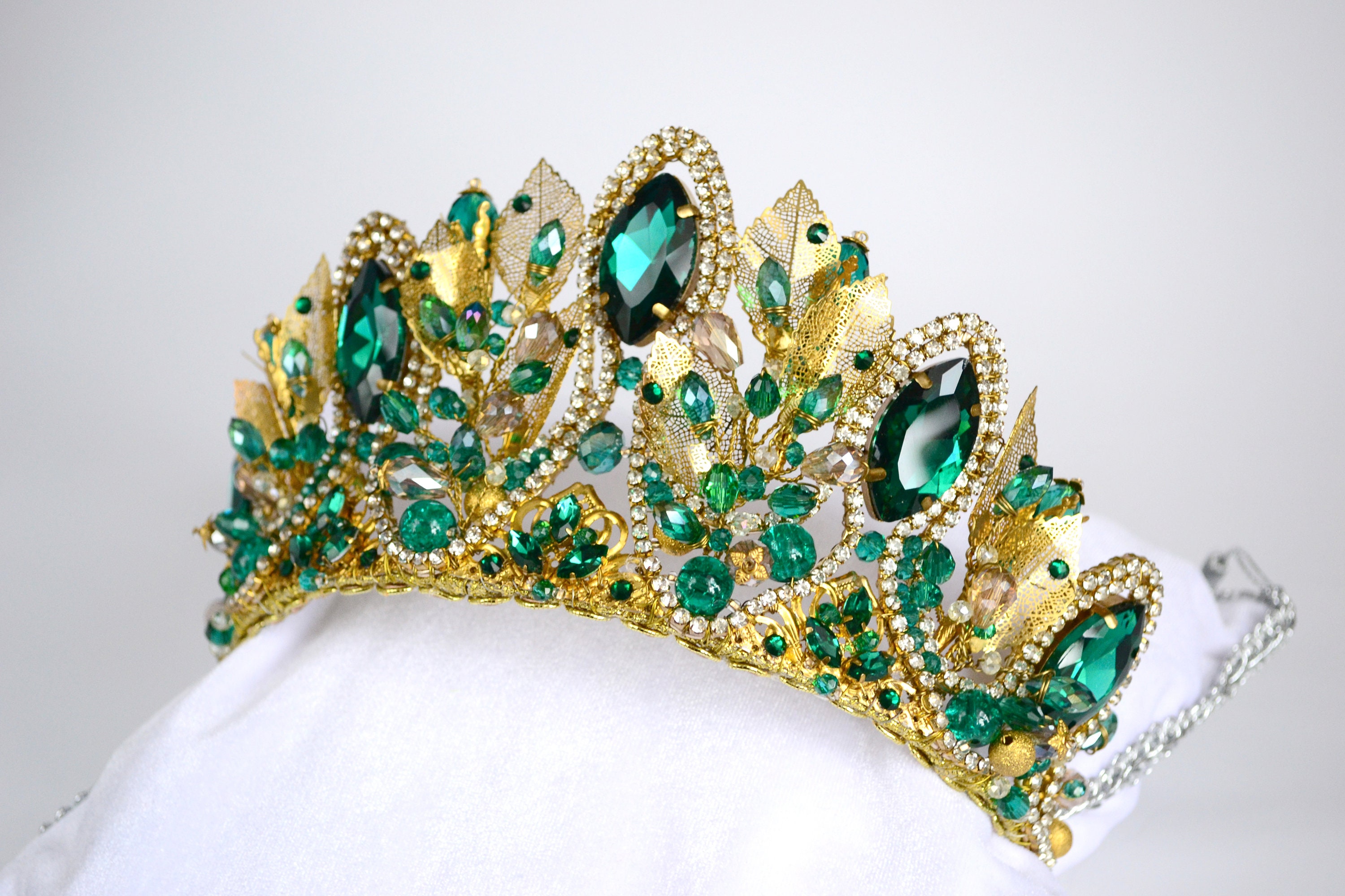 Emerald Crown, Wedding Gold Tiara With Leaves, Green Crystals Bride ...