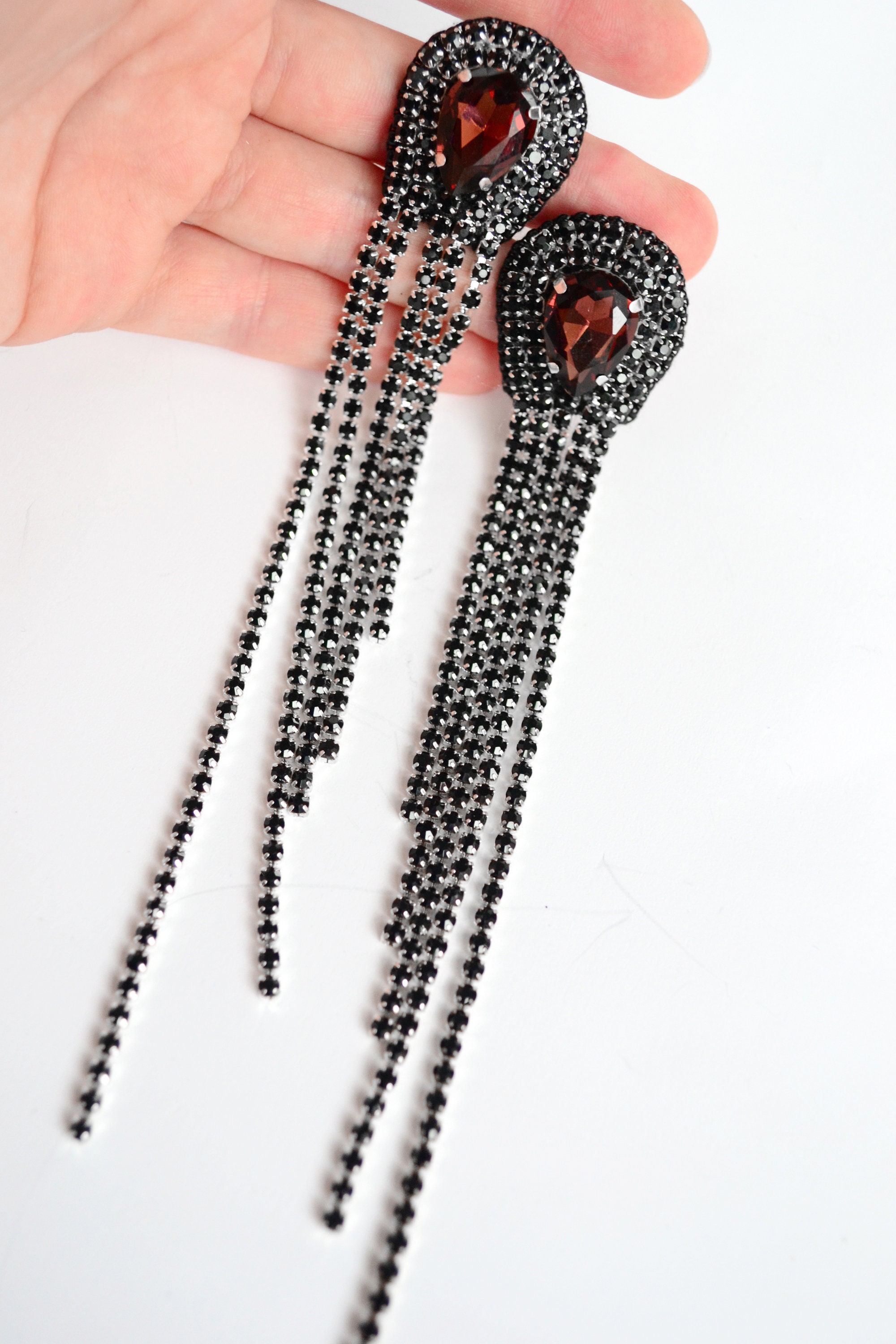 Long black crystal chain earrings Dangling rhinestone | Etsy