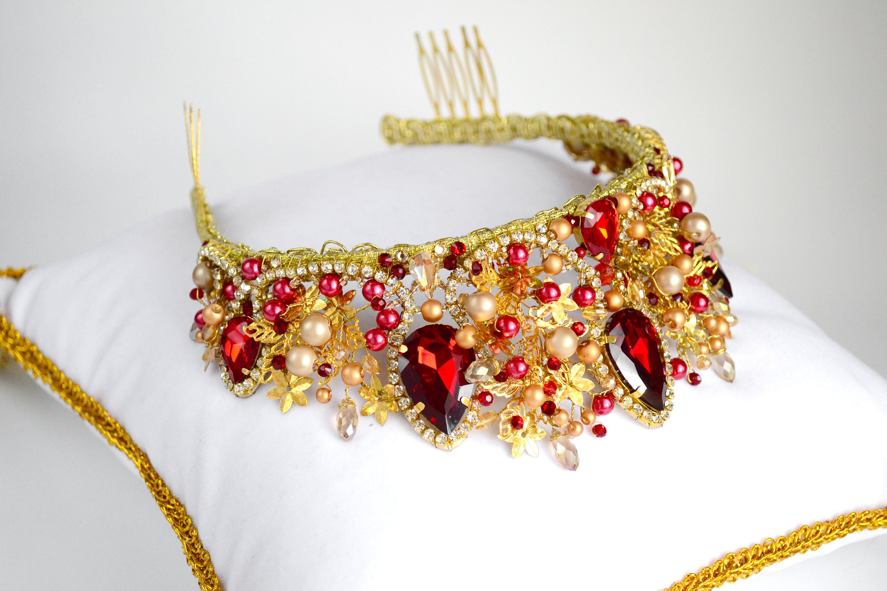 Gold Custom Princess Crown, Girl's Crown, Wedding Red Tiara, Floral ...