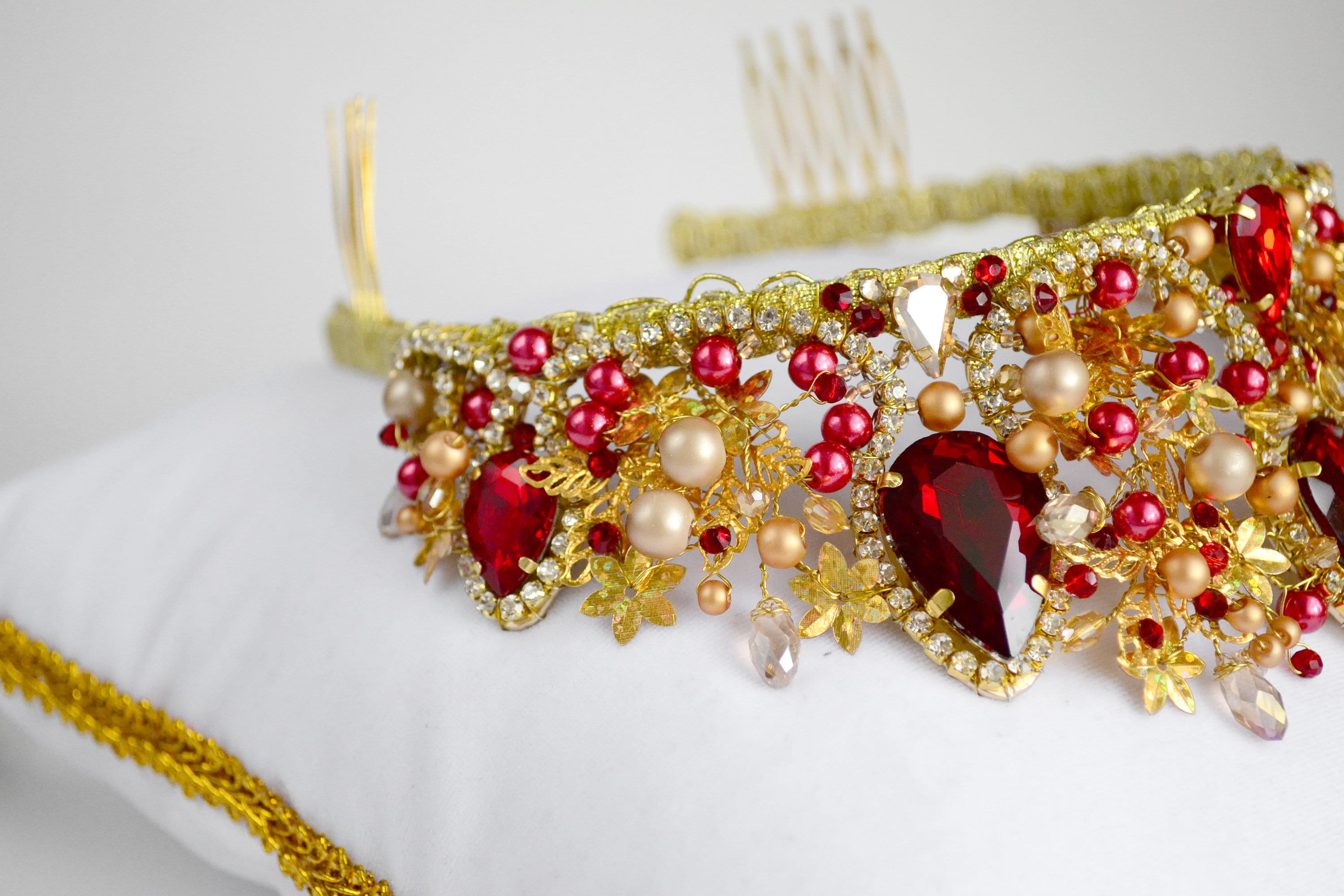 Gold Custom Princess Crown, Girl's Crown, Wedding Red Tiara, Floral ...