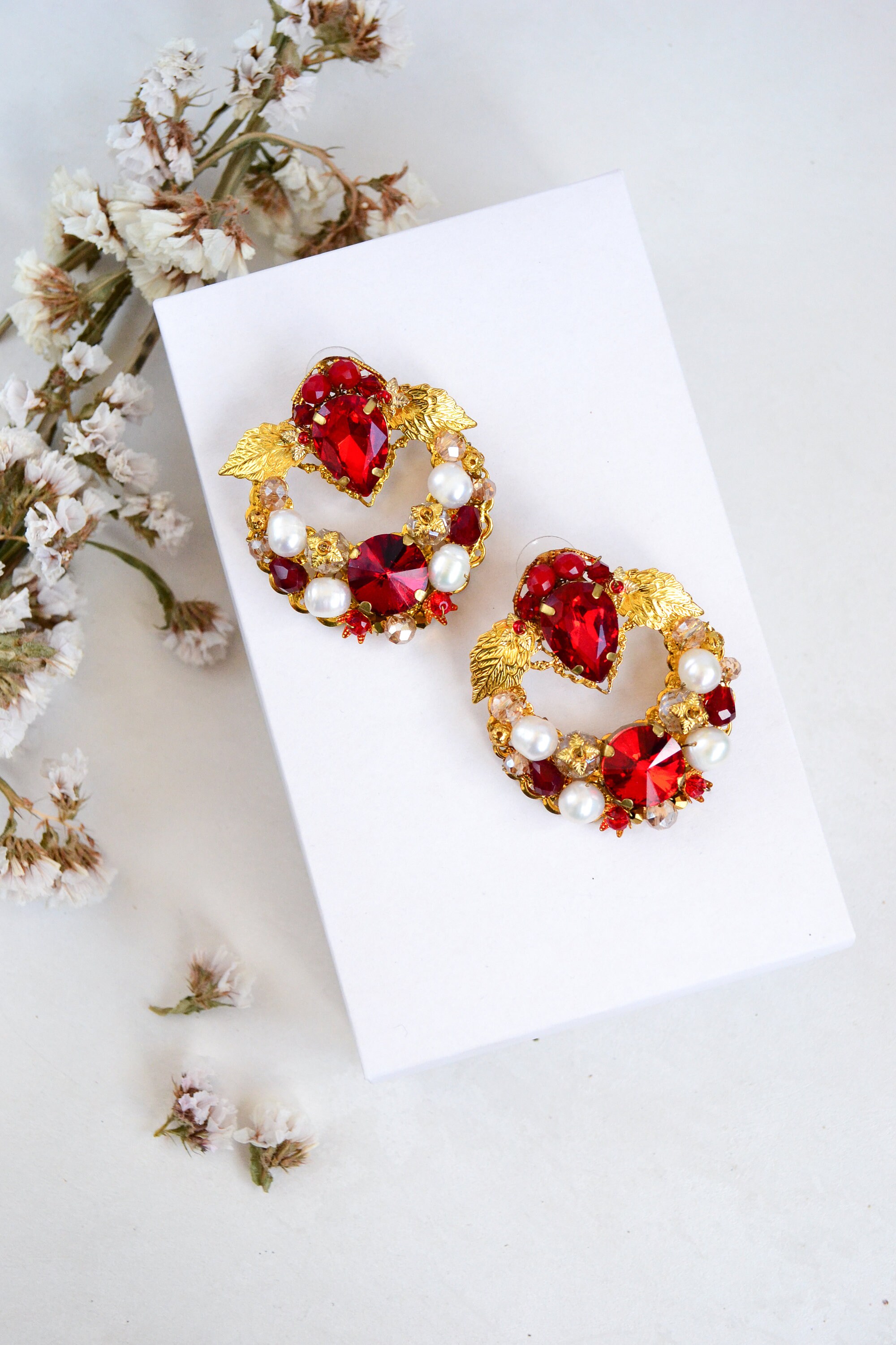 Red Gold Jewelry Set, Natural Pearls Bridesmaid Headband, Round ...