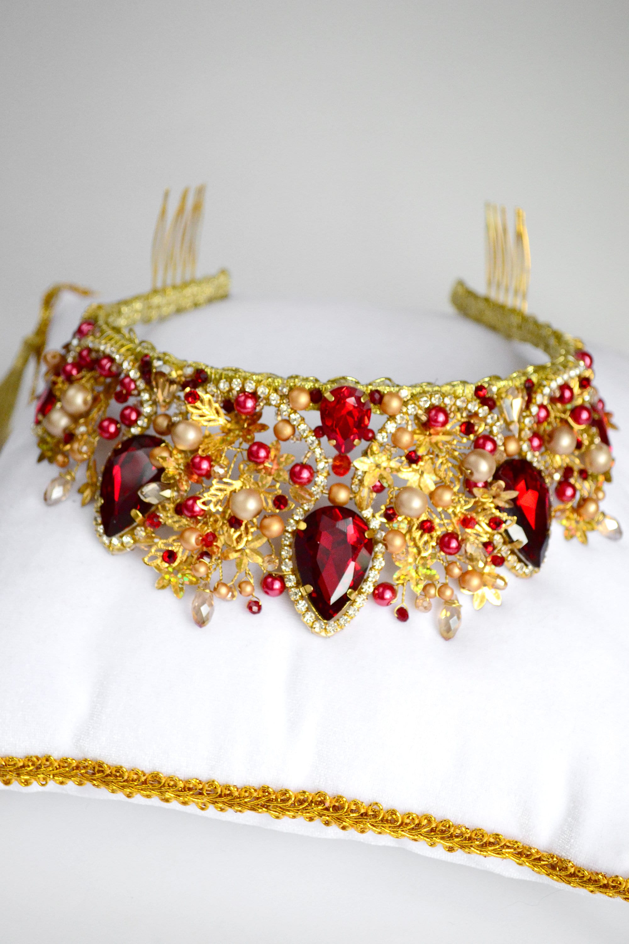 Gold Custom Princess Crown, Girl's Crown, Wedding Red Tiara, Floral ...