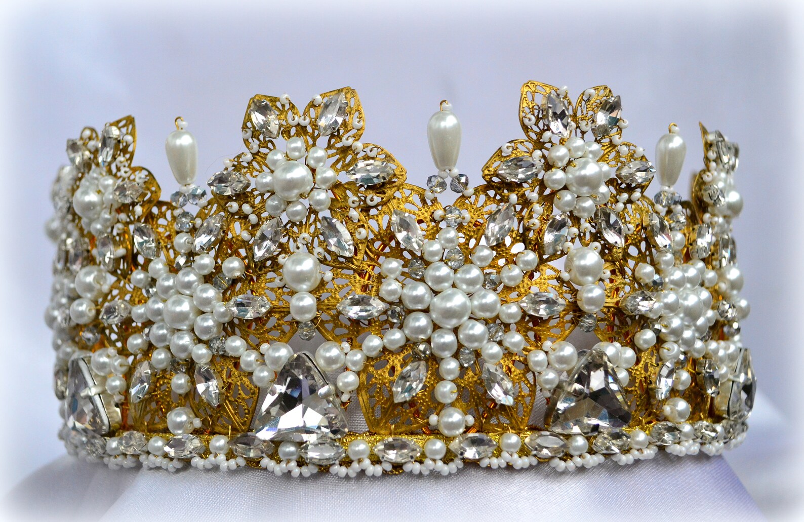 Wedding White Crown With Gold Flowers for Bride, Bridal Golden Tiara ...