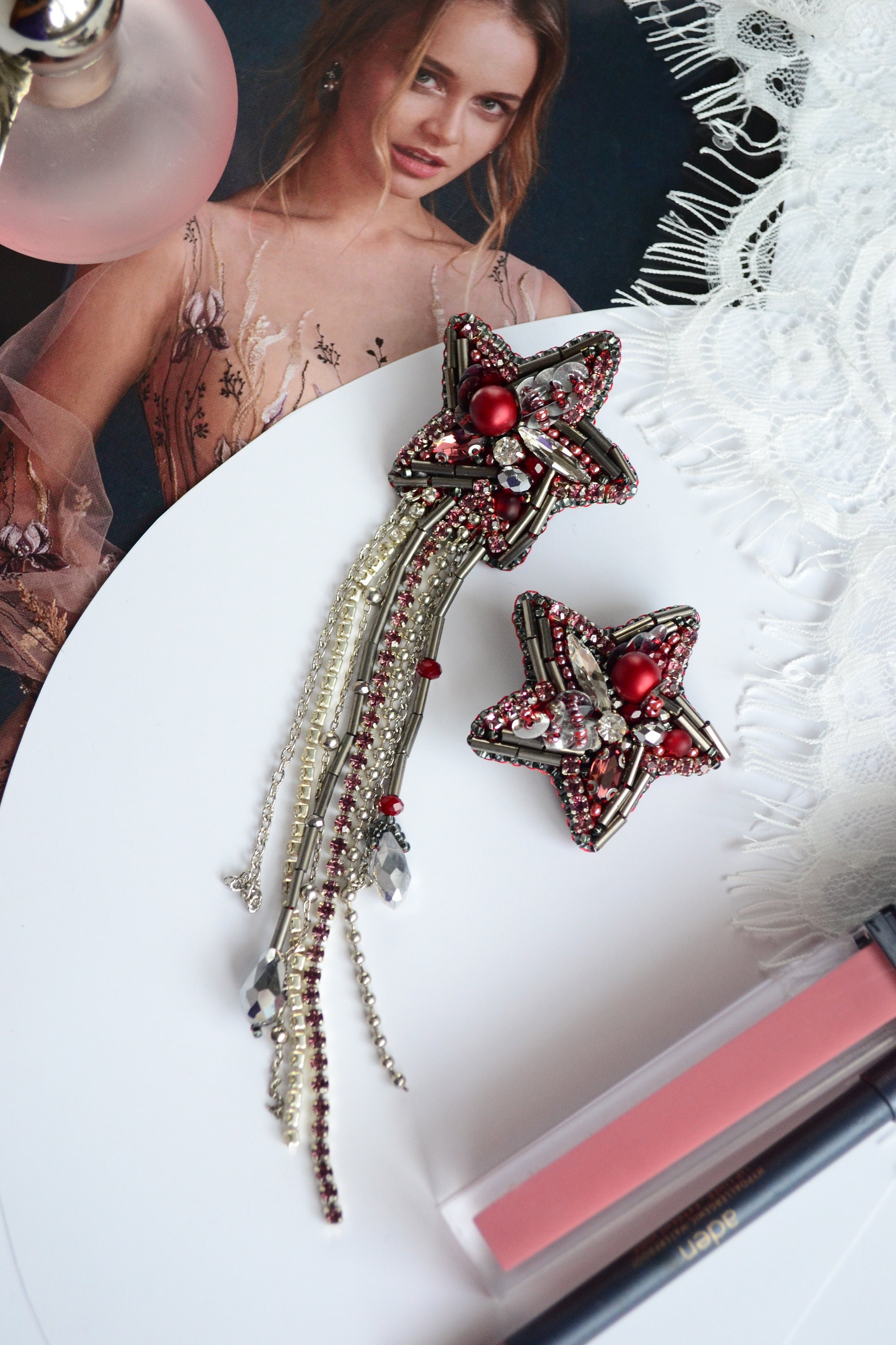 Mono Star Earrings for Women, Prom Long Crystal Burgundy Jewelry ...