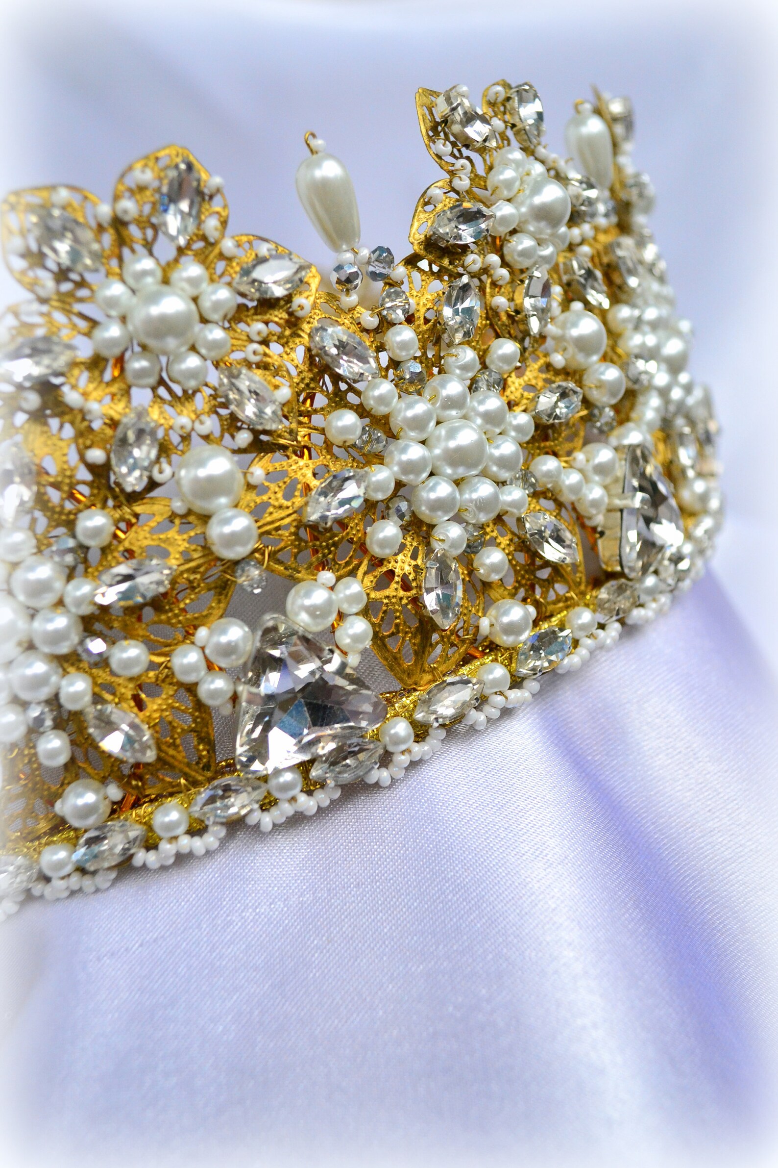 Wedding White Crown With Gold Flowers for Bride, Bridal Golden Tiara ...