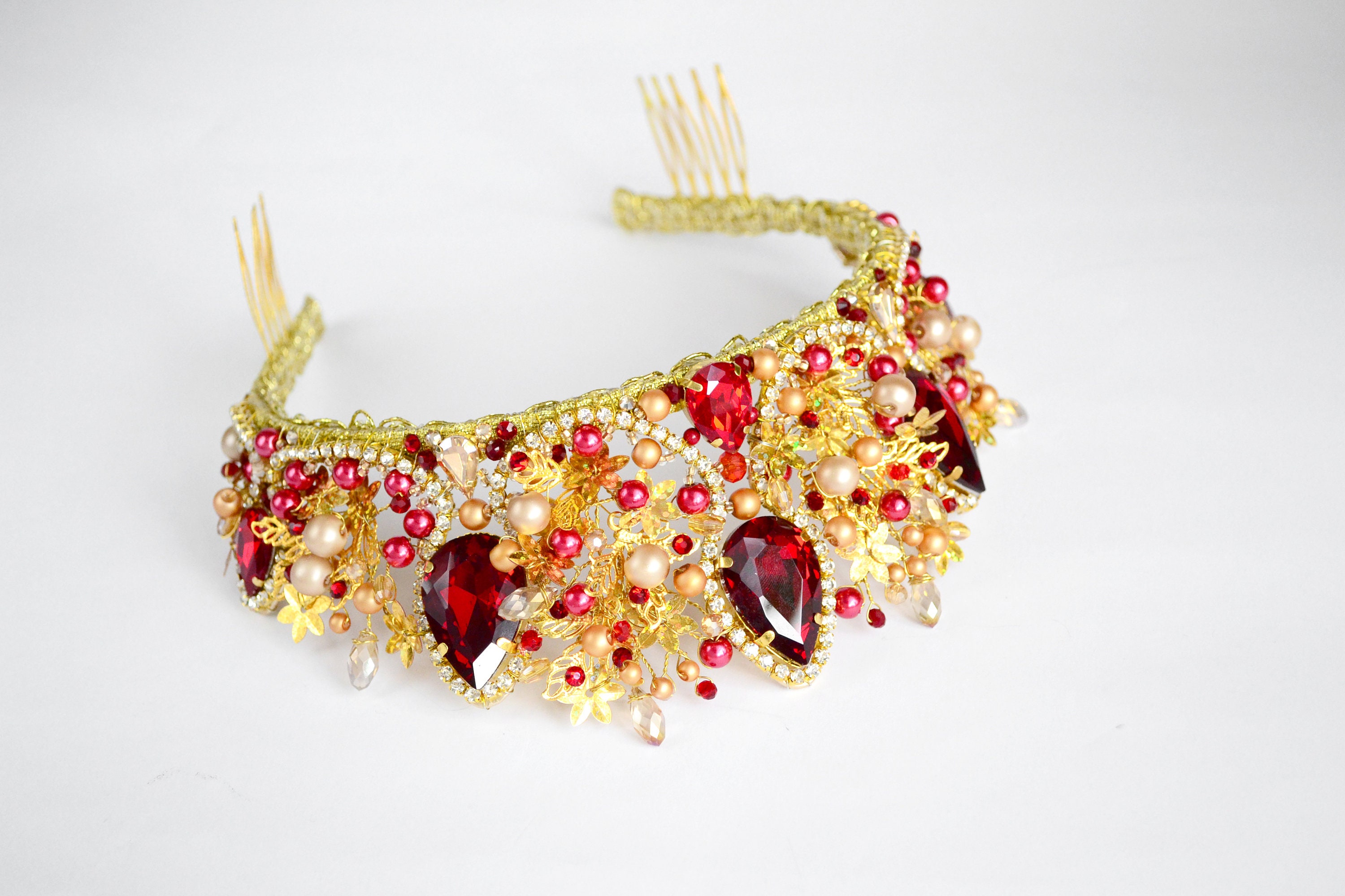 Gold Custom Princess Crown, Girl's Crown, Wedding Red Tiara, Floral ...