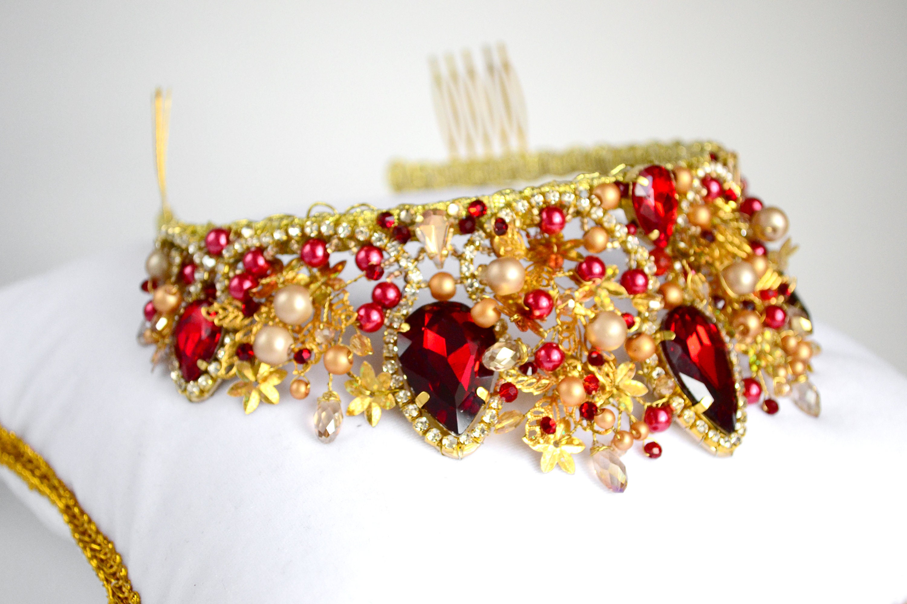 Gold Custom Princess Crown, Girl's Crown, Wedding Red Tiara, Floral ...