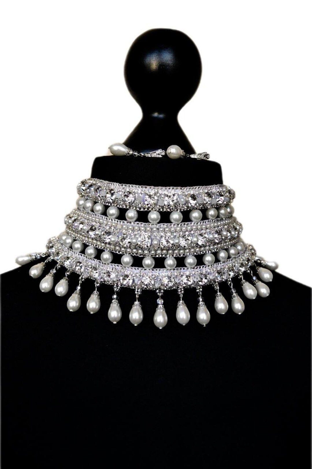 Wedding Silver Embroidered Necklace Rhinestones Choker Pearls Neck ...