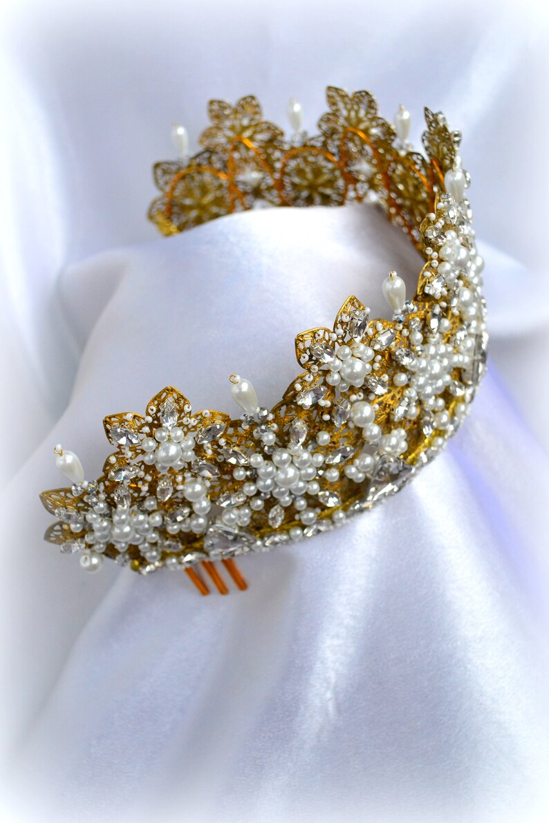 Wedding white crown with gold flowers for bride Bridal golden | Etsy