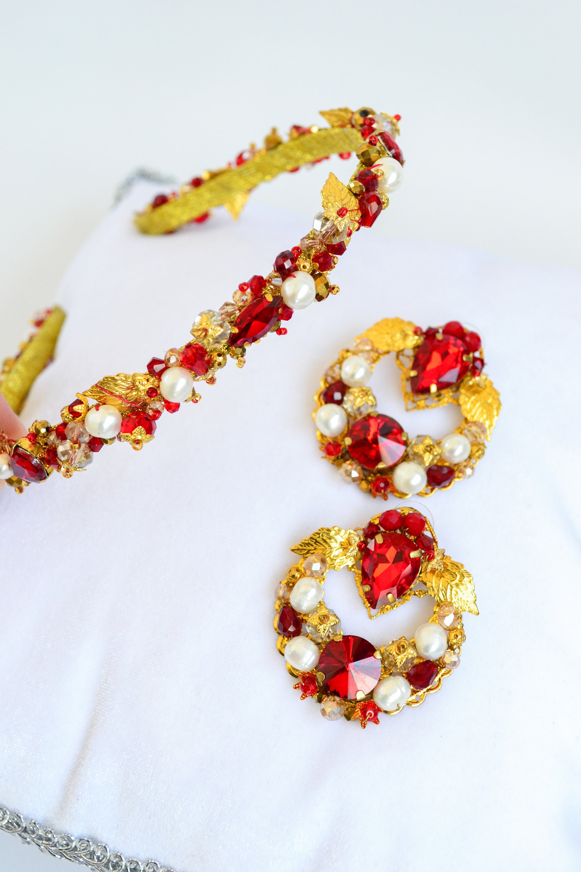 Red Gold Jewelry Set, Natural Pearls Bridesmaid Headband, Round ...