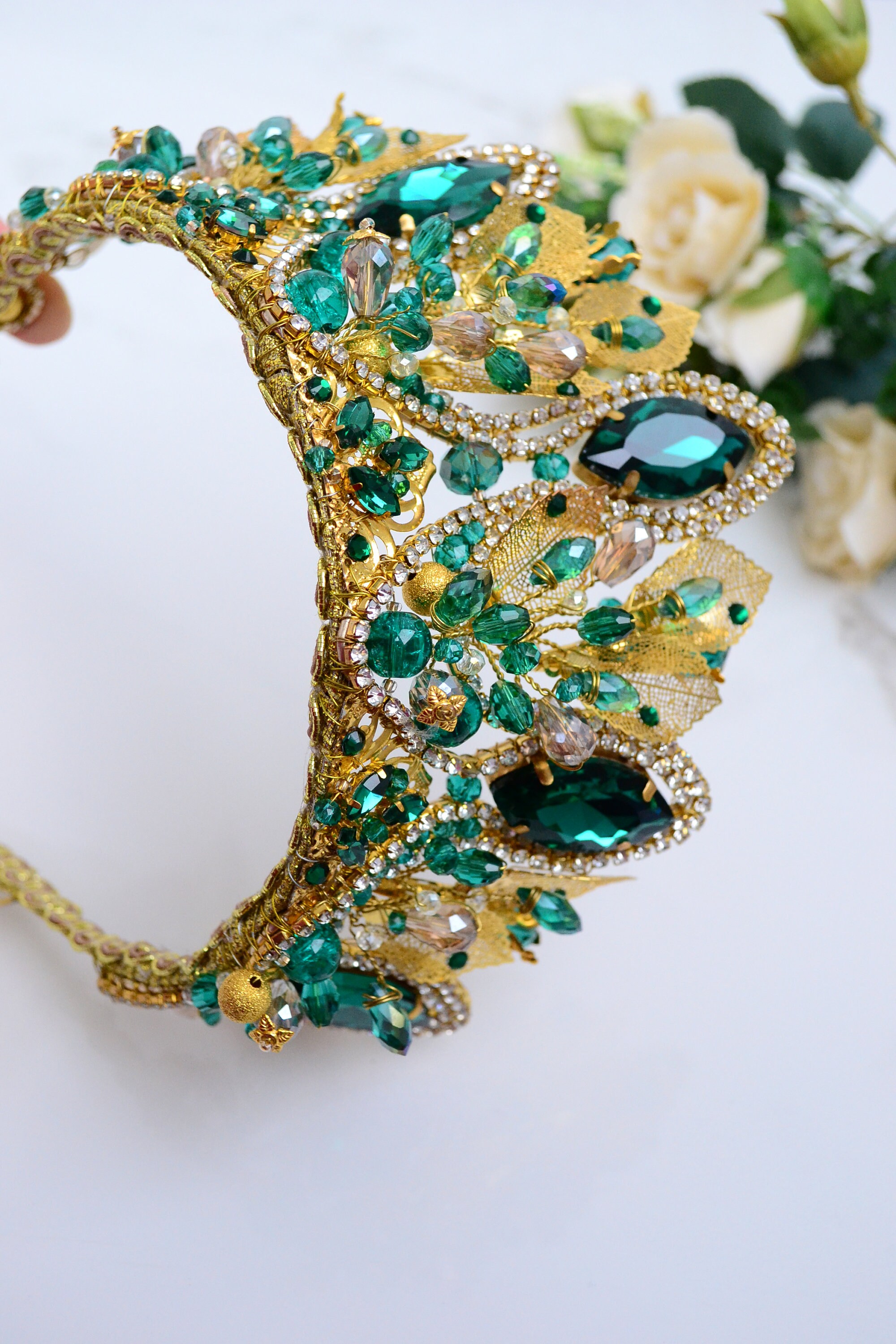 Emerald Crown, Wedding Gold Tiara With Leaves, Green Crystals Bride ...