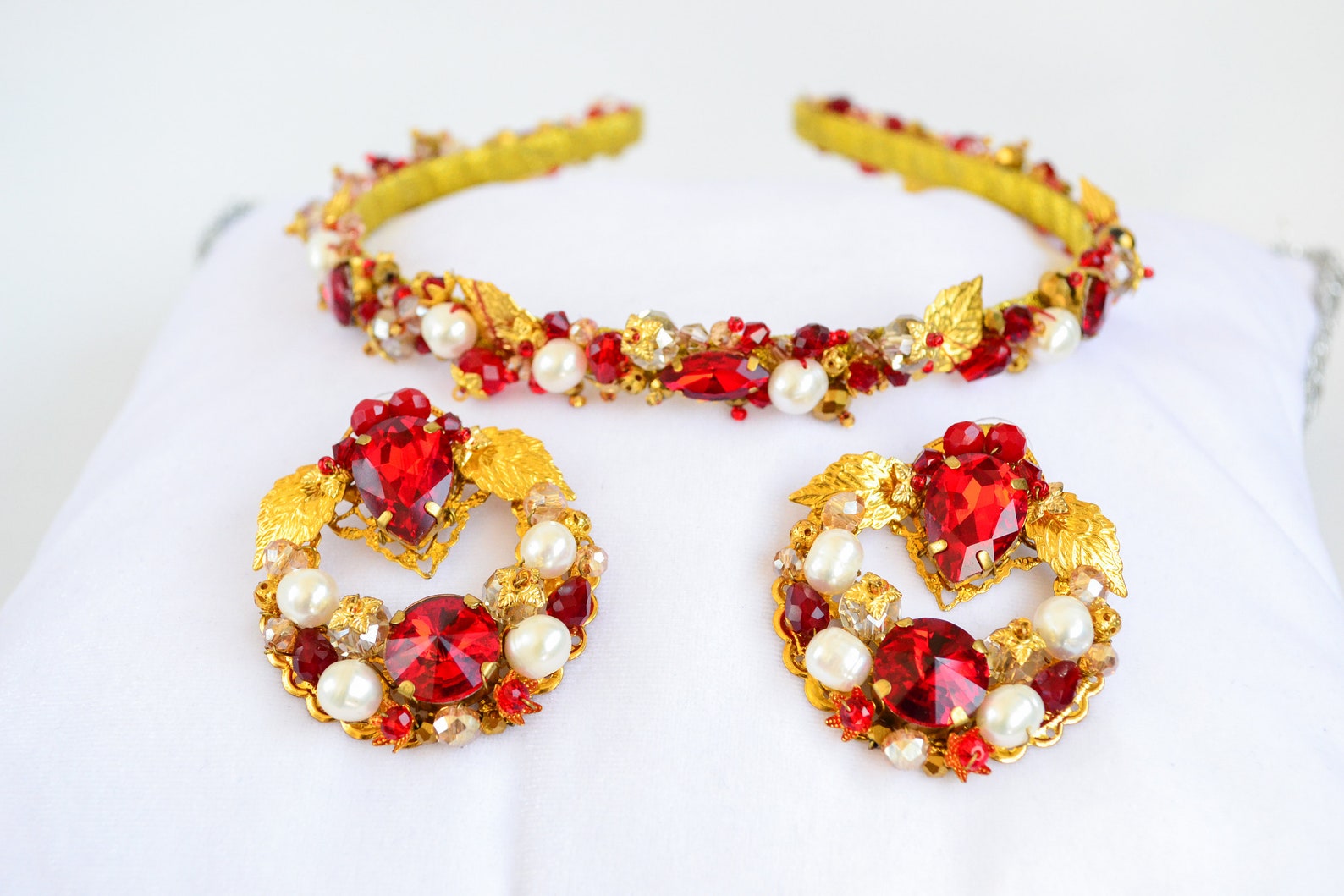 Red Gold Jewelry Set, Natural Pearls Bridesmaid Headband, Round ...