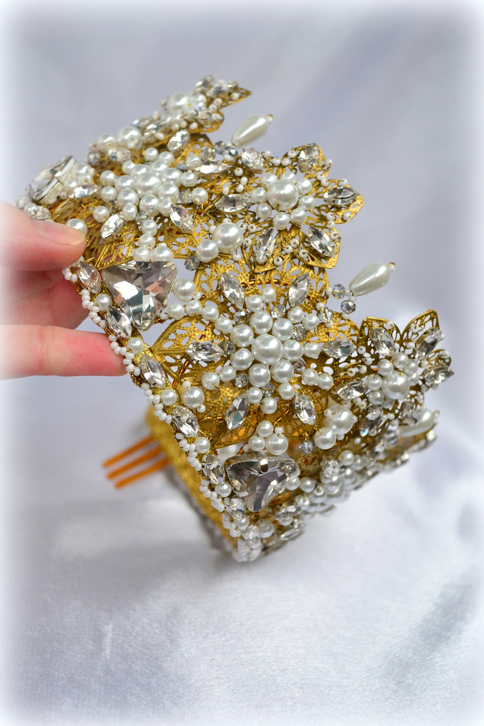 Wedding white crown with gold flowers for bride Bridal golden | Etsy