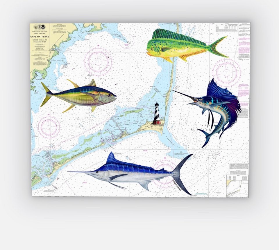 Outer Banks Nautical Chart on Canvas , Hatteras North Carolina Nautical Chart Art. Canvas ...