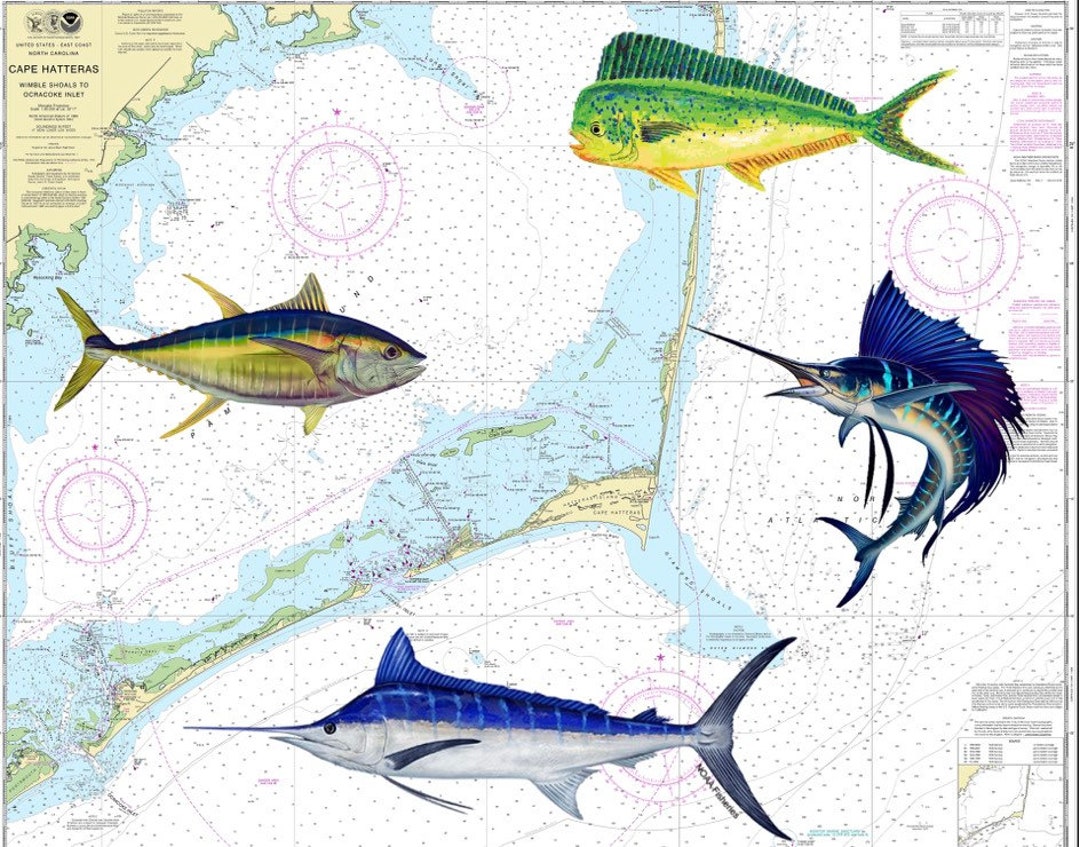 Outer Banks Nautical Chart on Canvas , Hatteras North Carolina Nautical Chart Art. Canvas ...