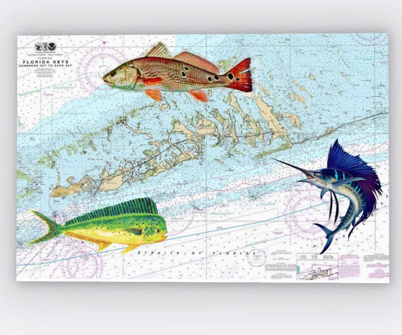 Florida Keys , Key West Nautical Chart - Printed Canvas 30"x 40" Free ...