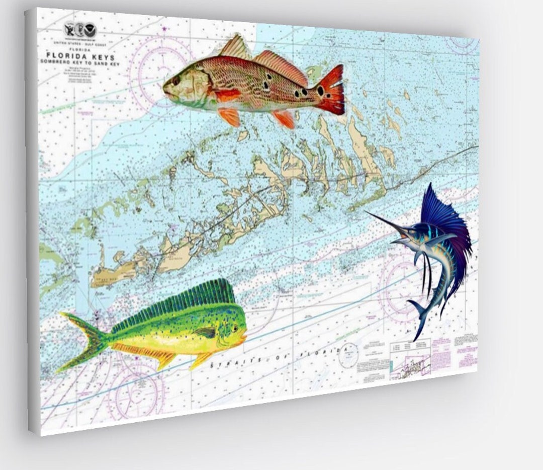Florida Keys , Key West Nautical Chart - Printed Canvas 30"x 40" Free ...