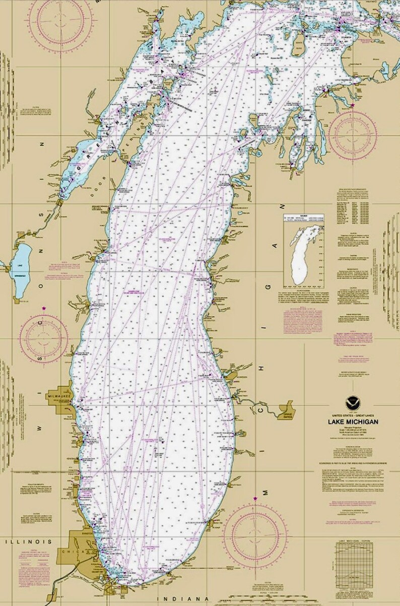 Lake Michigan Nautical Map / Chart - Canvas- Nautical Map / Chart ...