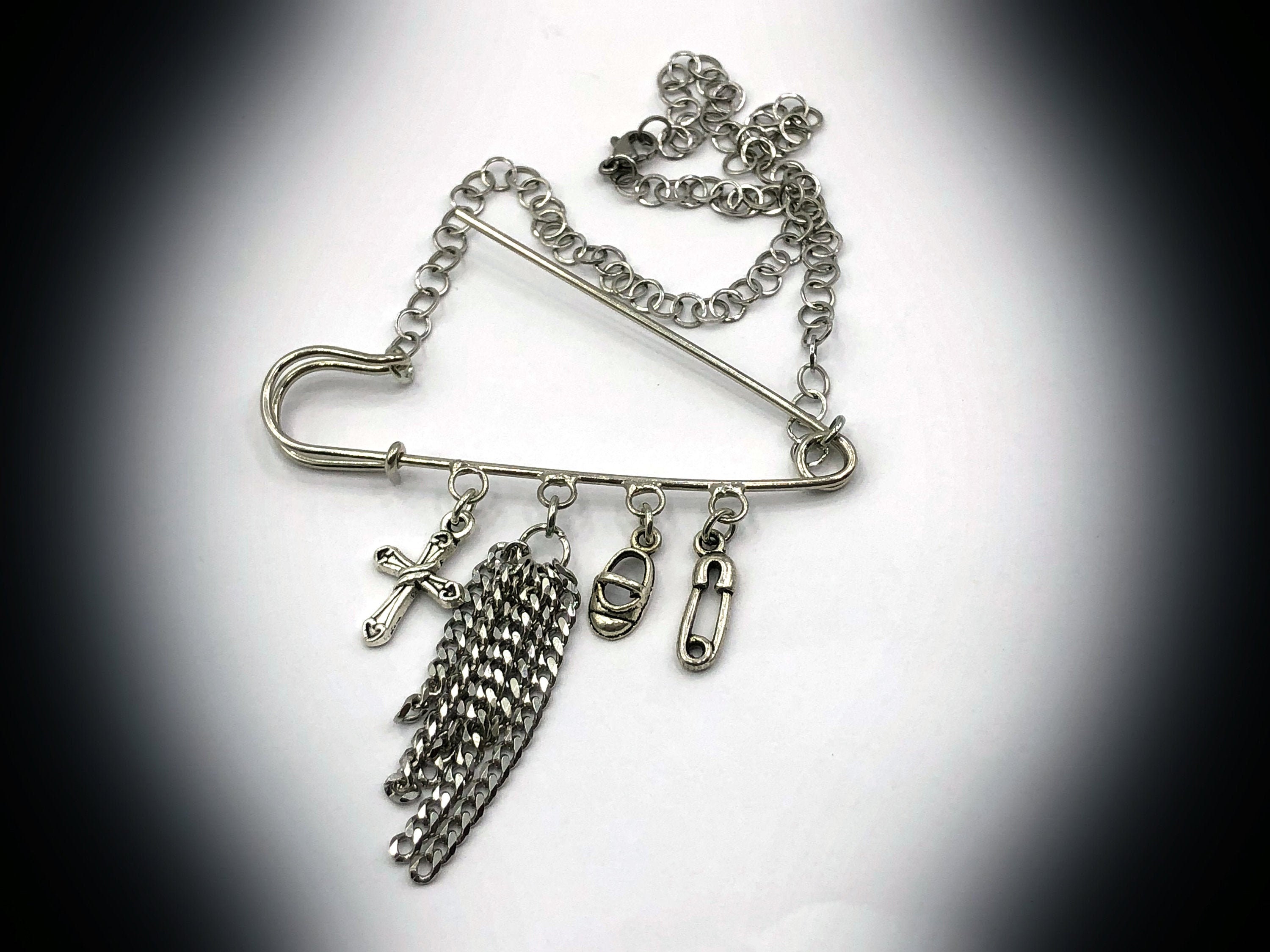 Safety Pin Choker, Cross Choker, Gothic Girl Collar, Safety Pin Charm ...