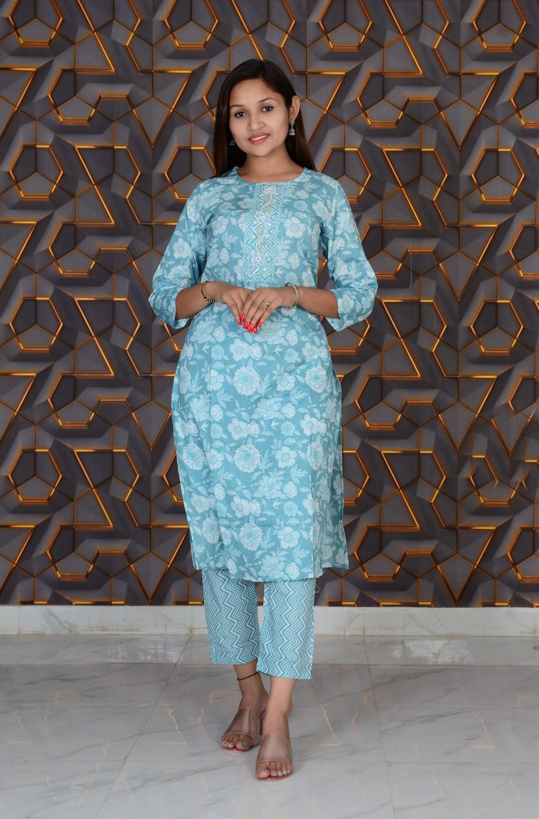 Heavy Embroidered Cotton Floral Printed Straight Kurti With Printed ...