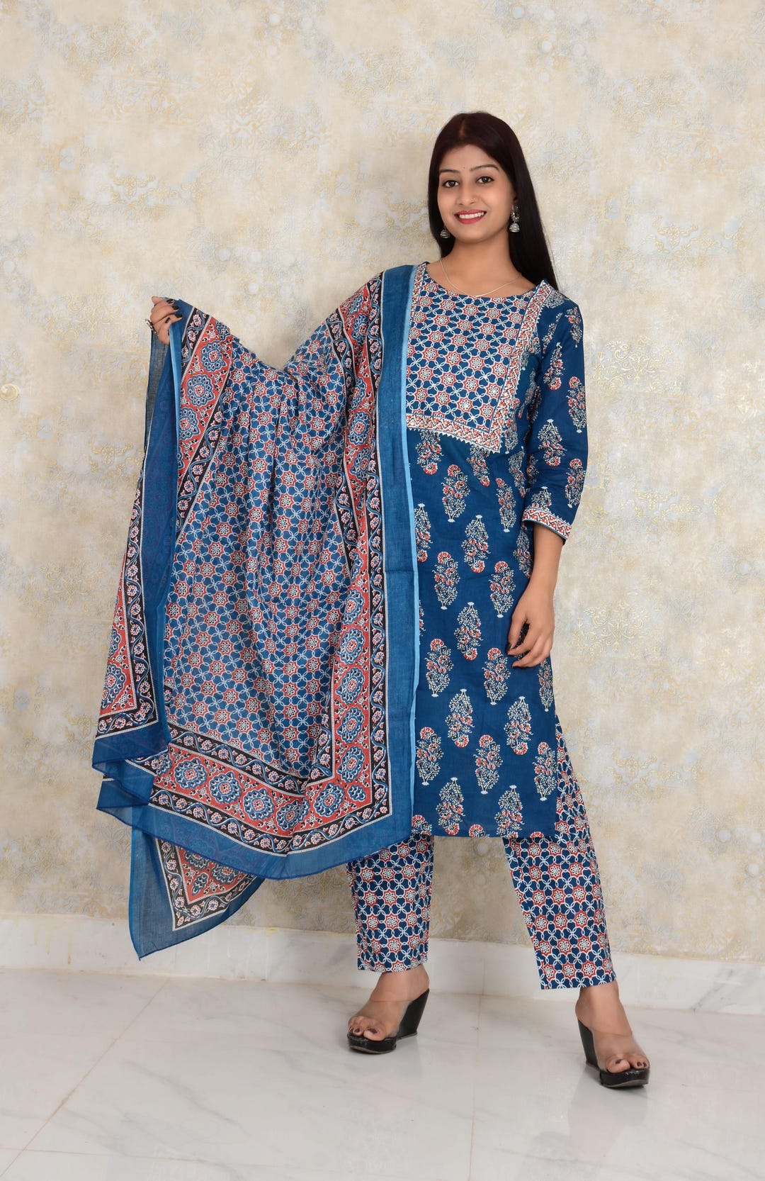 Designer Cotton Floral Printed Kurta Palazzo and Printed Dupatta Set ...