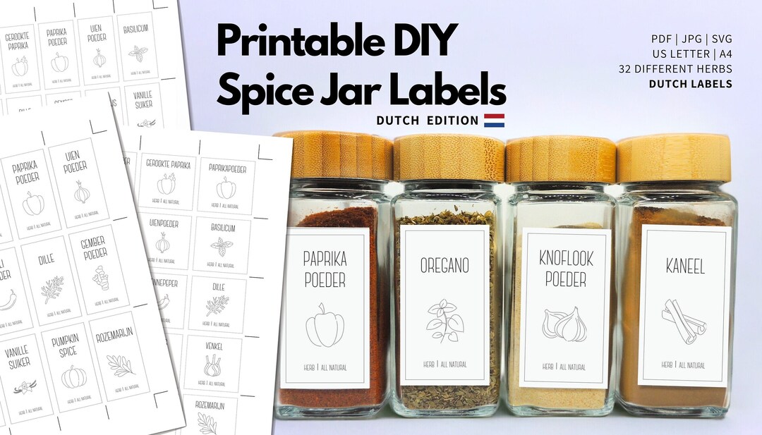 Premium Printable 32 Dutch Spice Jar Labels With Herb Illustration ...