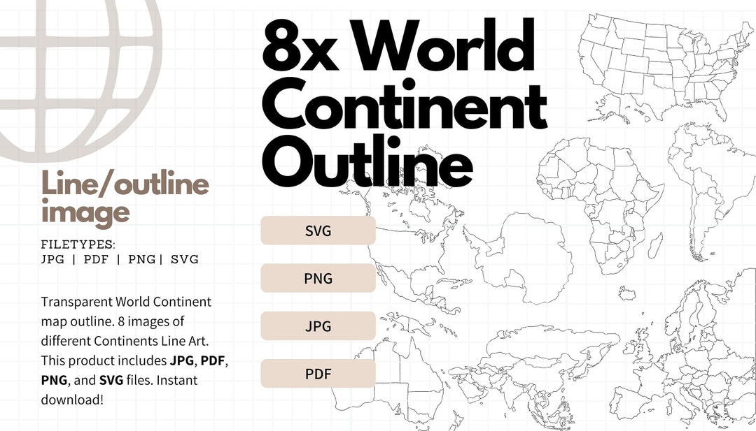 World Continent Map Outline, Line Art, Clipart, Cut Files for Cricut ...