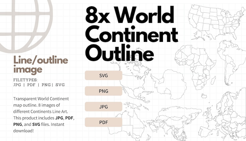 World Continent Map - Outline, Line Art, Clipart, Cut Files for Cricut ...