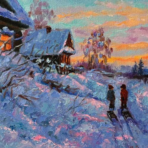 Winter Scene With Children Original Oil Painting Sledge | Etsy