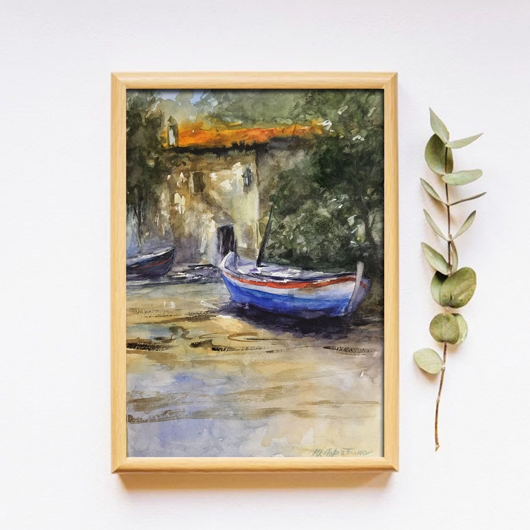 Original Watercolor Painting, Rustic Mediterranean Coastal Landscape ...