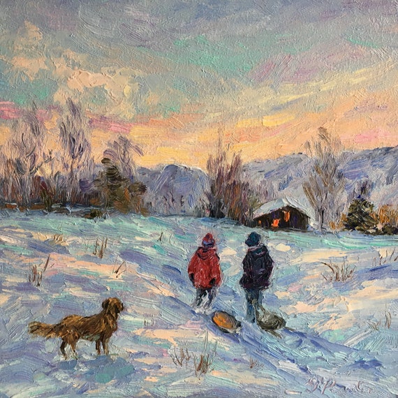 Winter Scene With Children Oil Painting Original Impressionism | Etsy