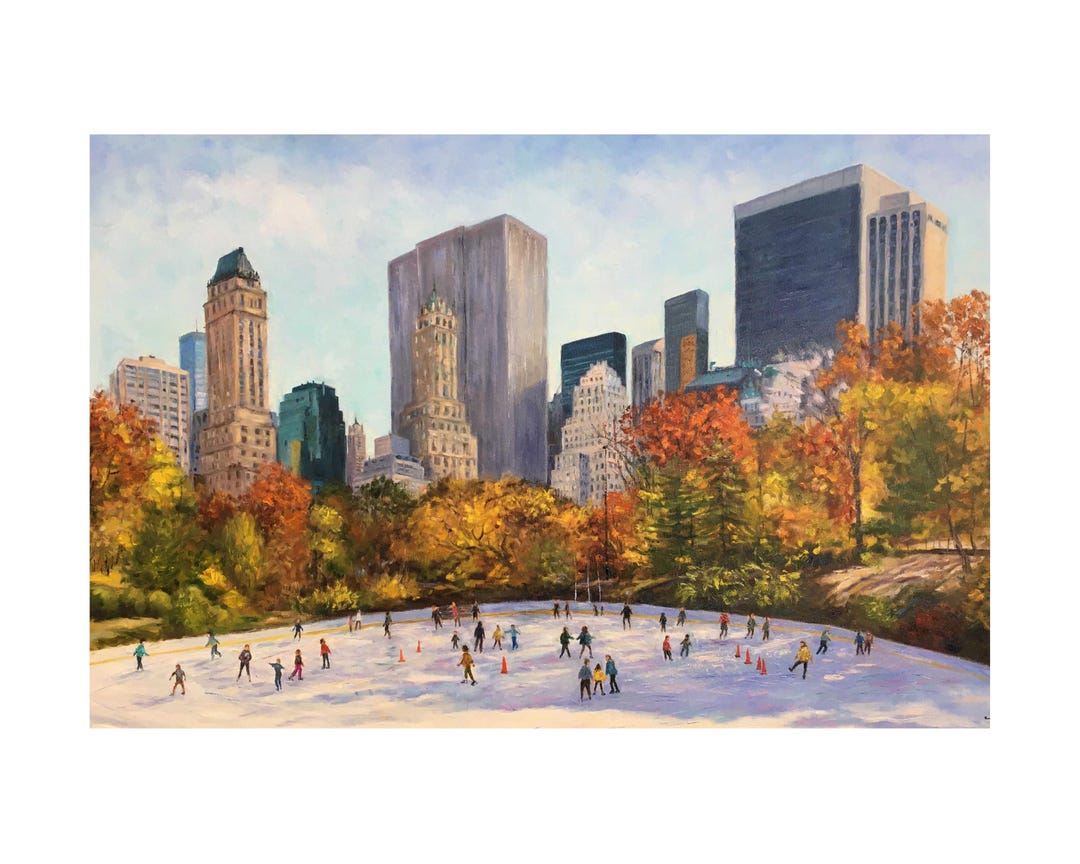 Ice Skating Rink in New York Oil Painting Large Art With New York ...