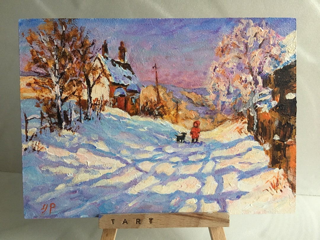 Winter Scene With Children Original Oil Painting Winter House Painting ...